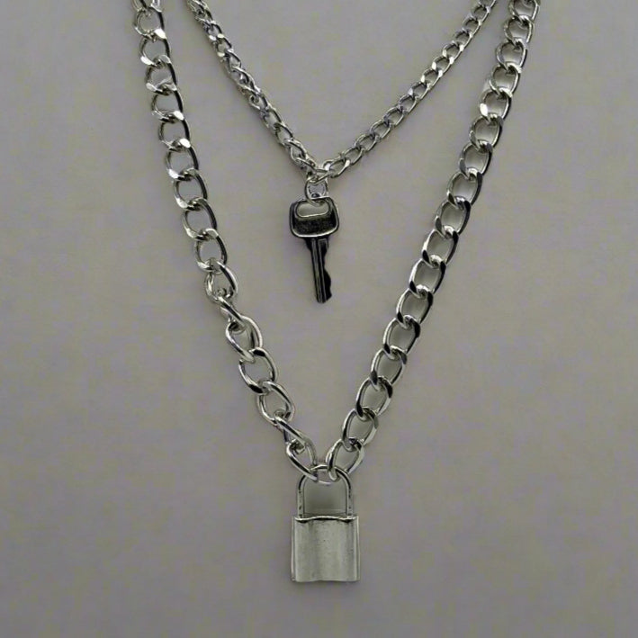 Large Silver Lock and Key Layered Chain Necklace Set – Artemis Accessories
